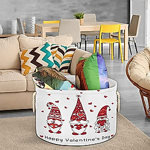Valentine Cute Gnomes Love Heart (15) Large Round Baskets for Storage Laundry Baskets with Handles Blanket Storage Basket for Bathroom Shelves Bins for Organizing Nursery Hamper Girl Boy