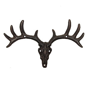 Treasure Gurus Cast Iron Deer Skull Antler Hooks Wall Mount Western Coat Rack Key Ring Rustic Home Decor