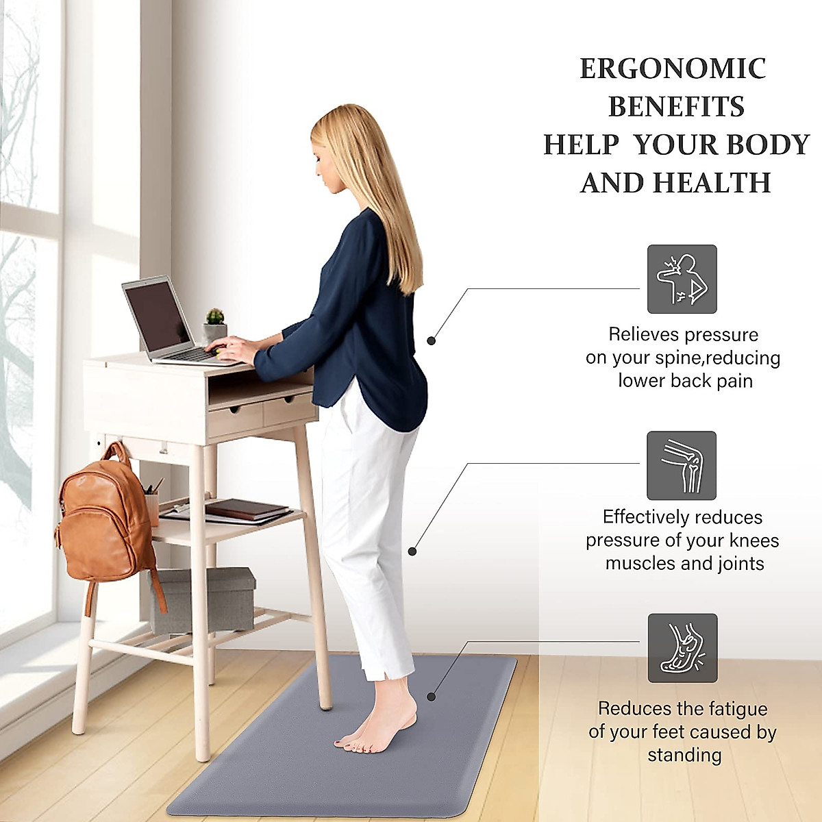 HappyTrends Kitchen Mat [2PCS] Cushioned Comfort Anti-Fatigue Floor Mat, Waterproof Non-Slip Kitchen Rugs, Thick Perfect Ergonomic Foam Standing mat for Kitchen, Home, Office, Laundry,Grey