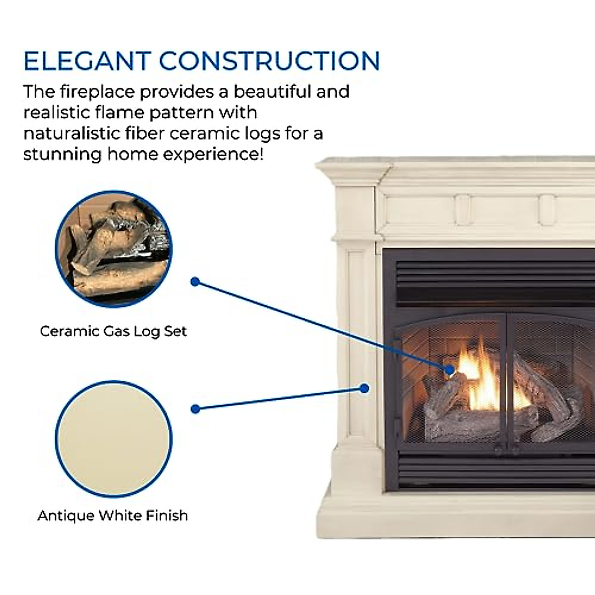 Duluth Forge Dual Fuel Ventless Gas Fireplace System with Mantle, Remote Control, 6 Fire Logs, Use with Natural Gas or Liquid Propane, 32000 BTU, Heats up to 1500 Sq. Ft., Antique White