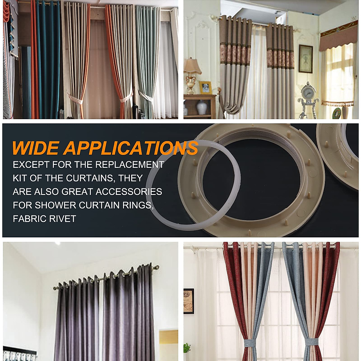 Rustark 20 Sets 1-5/8" (42mm) Inner Diameter Curtain Grommet with Connectors Black Round Plastic Curtain Rings Curtain Spacers Low Noise Curtain Rings DIY Roman Curtain Rings for Window Curtains