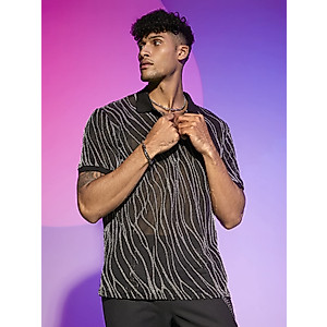 WDIRARA Men's Marble Print Glitter Mesh Sheer Collared Short Sleeve Tee Top Striped Party T Shirt Multicolor S