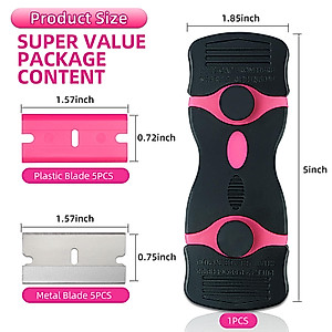 Wozoohyi Razor Blade Scraper,Plastic Razor Blade Scraper with 5 PCS Metal Blades and 5 PCS Plastic Blades,Pink Scraper Tool for Removing Decals, Window Labels,Glass Stove Top,Stickers (1 Pink)