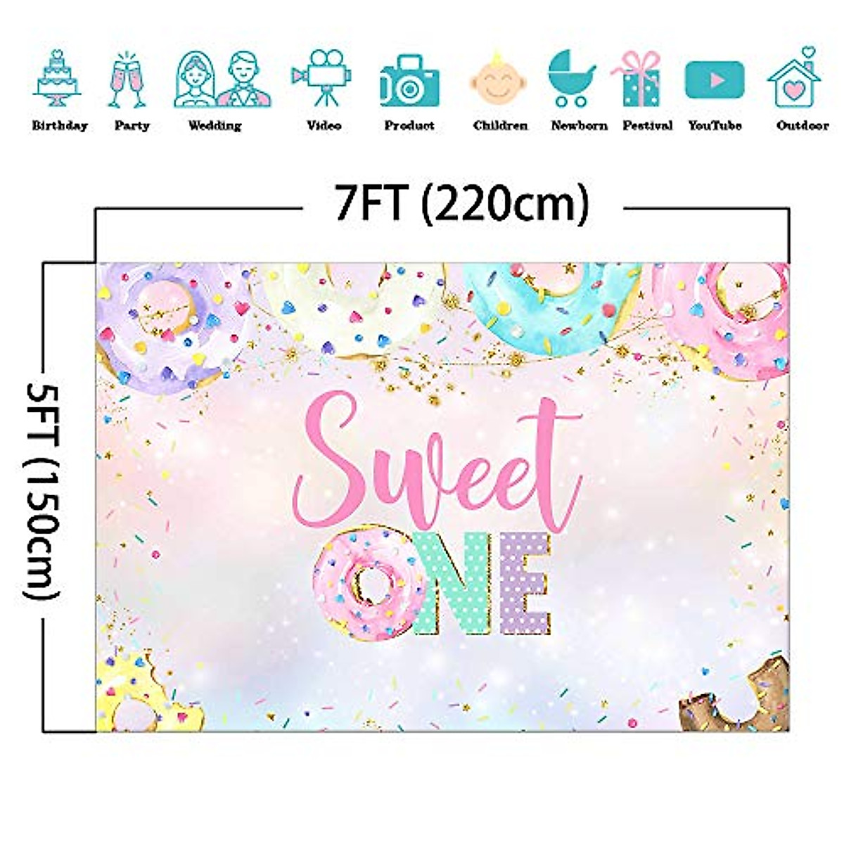 Mocsicka Sweet One Donut Birthday Backdrop, Donut First Birthday Party Decoration Background, Girl 1st Birthday Party Banner Supplies (7x5ft)