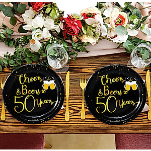 50Pcs 50th Birthday Plates 50th Birthday Party Supplies 7"50th Dessert Plate Cheers to 50 Years Cake Plates for Cheers & Beers Black Gold Theme 50th Birthday Anniversary Whiskey Party Decoration(50th)