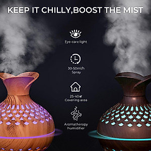 Portable Mini Humidifier, 300ml Small Humidifiers Wooden Vase Flower Aroma Diffuser, Quiet Cool Mist Humidification for Baby Bedroom Travel Office, USB Powered, Colorful Light, Darkwood