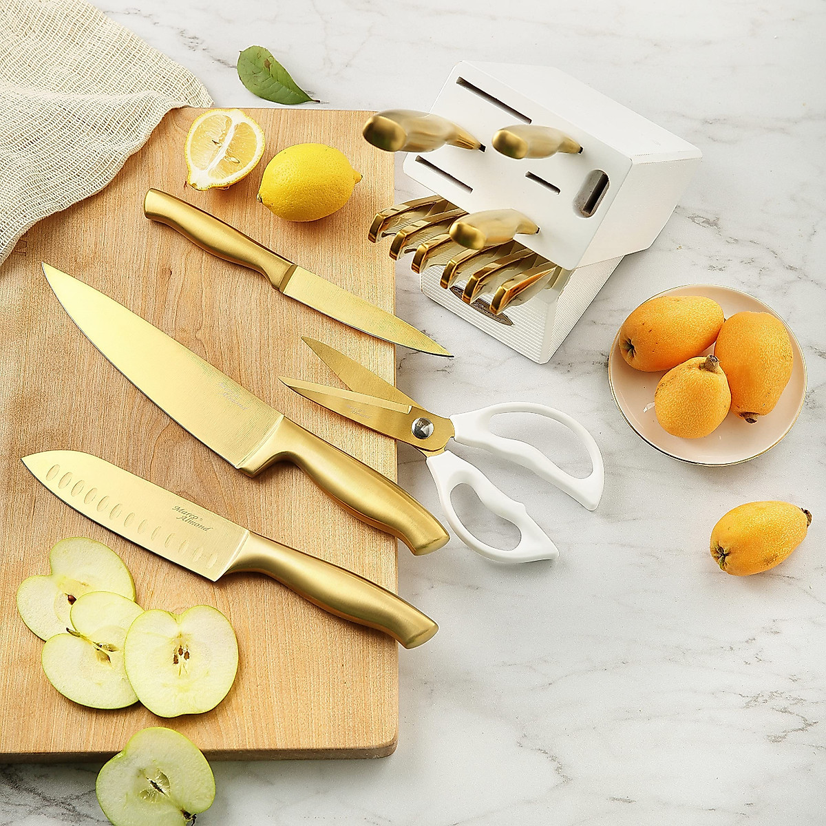 Marco Almond MA21 Golden Titanium Knives Block Set + KYA53 Titanium Box Grater Set