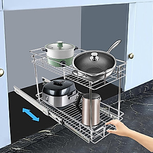 Gagalayong Under Sink Organizers and Storage, Pull Out Cabinet Organizer, 2-Tier Slide Out Kitchen Basket Sink Shelf Cabinet Organizers Adjustable L Shape Counter Organizers (10.5" W X 21.5" D)