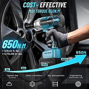 Seesii Brushless Power Impact Wrench, Cordless, 1/2 inch Max High Torque 479 Ft-lbs(650Nm), 3300RPM w/ 2x 4.0 Battery, 6 Sockets,9 Drill,6 Screws for Car Home, WH700