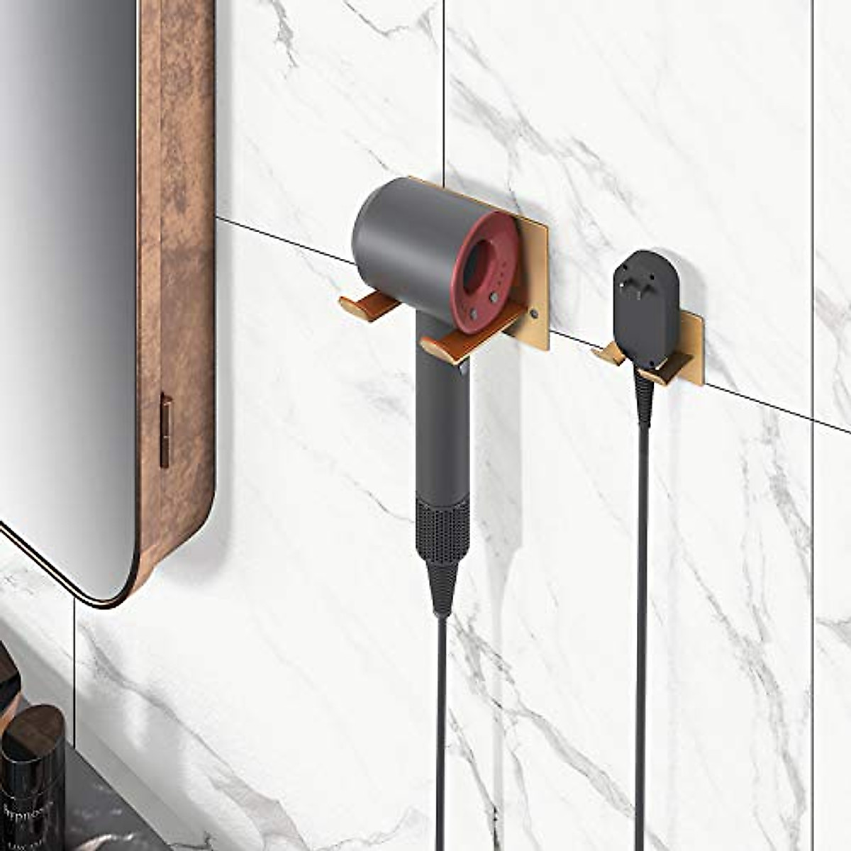 XIGOO Adhesive Hair Dryer Holder - Stick on Wall or Wall Mount Bathroom Hair Blow Dryer Rack Organizer Compatible with Dyson Supersonic Hair Dryers (Gold)