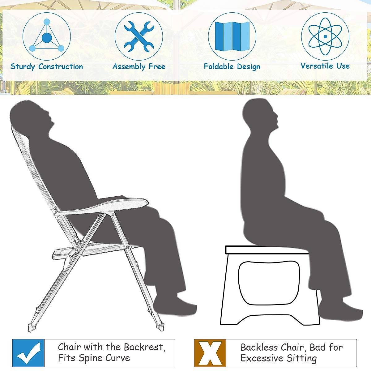 Giantex Set of 2 Patio Chairs, Folding Chairs with Adjustable Backrest, Outdoor Sling Chairs for Bistro, Deck, Backyard, Armchair with Padded Seat, 300 lbs Capacity (2, Black)