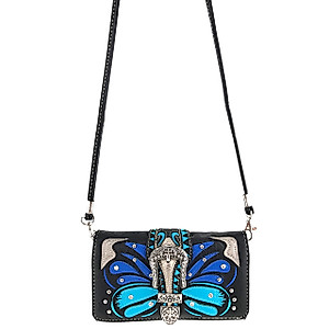 Justin West Abstract Butterfly Buckle Black Conceal Carry Handbag (Blue Purse and wallet)