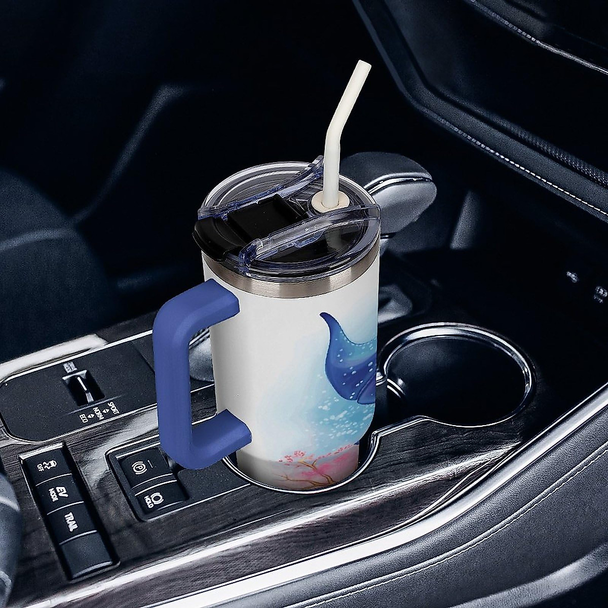 WYUSPGK 40oz Stainless Steel Car Mug, Sea Animals Stingrays Print Travel Mug, Double-Wall Insulated with Straw, Perfect for Car, Office, Outdoor
