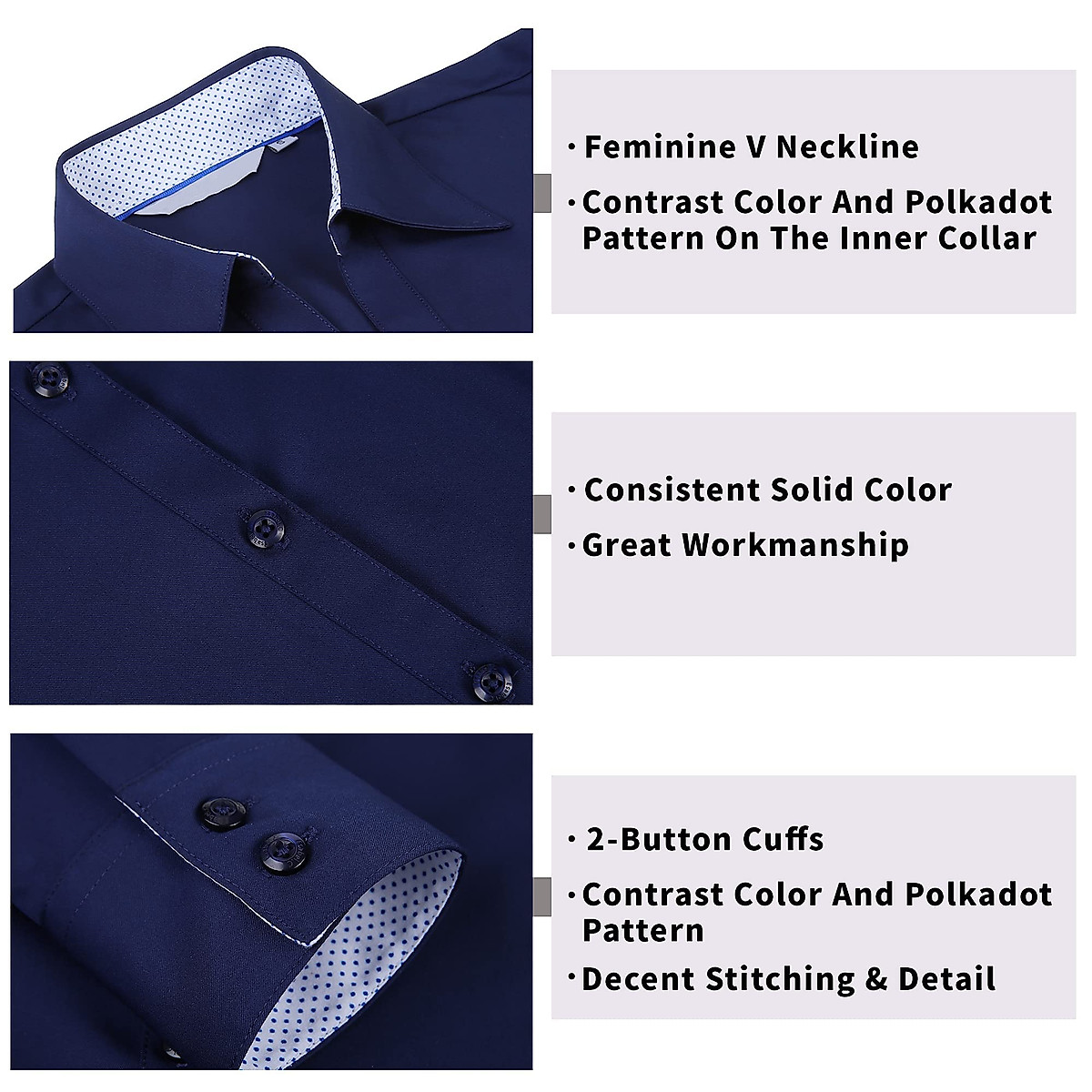 WARHORSEE Womens Button Down Shirt Long Sleeve Work Dress Shirts, V Neck Easy Care Stretchy Business Casual Blouses for Women(Navy,XXL)