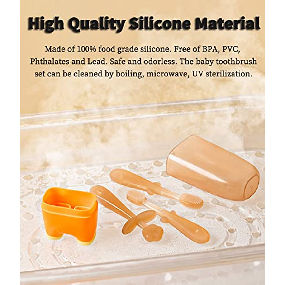 FOKiiBO Baby Silicone Toothbrush Set, Toothbrush + Tongue Brush + Baby Teether + Finger Toothbrush with Cup for Training Teething, 0-18M Infant Toddler Newborn Baby Teeth Brushes (Amber)