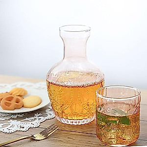 RockTrend Retro Relief Glass Bedside Night Water Carafe with Tumbler Glass, Pitcher And Cup Night Set-Pink