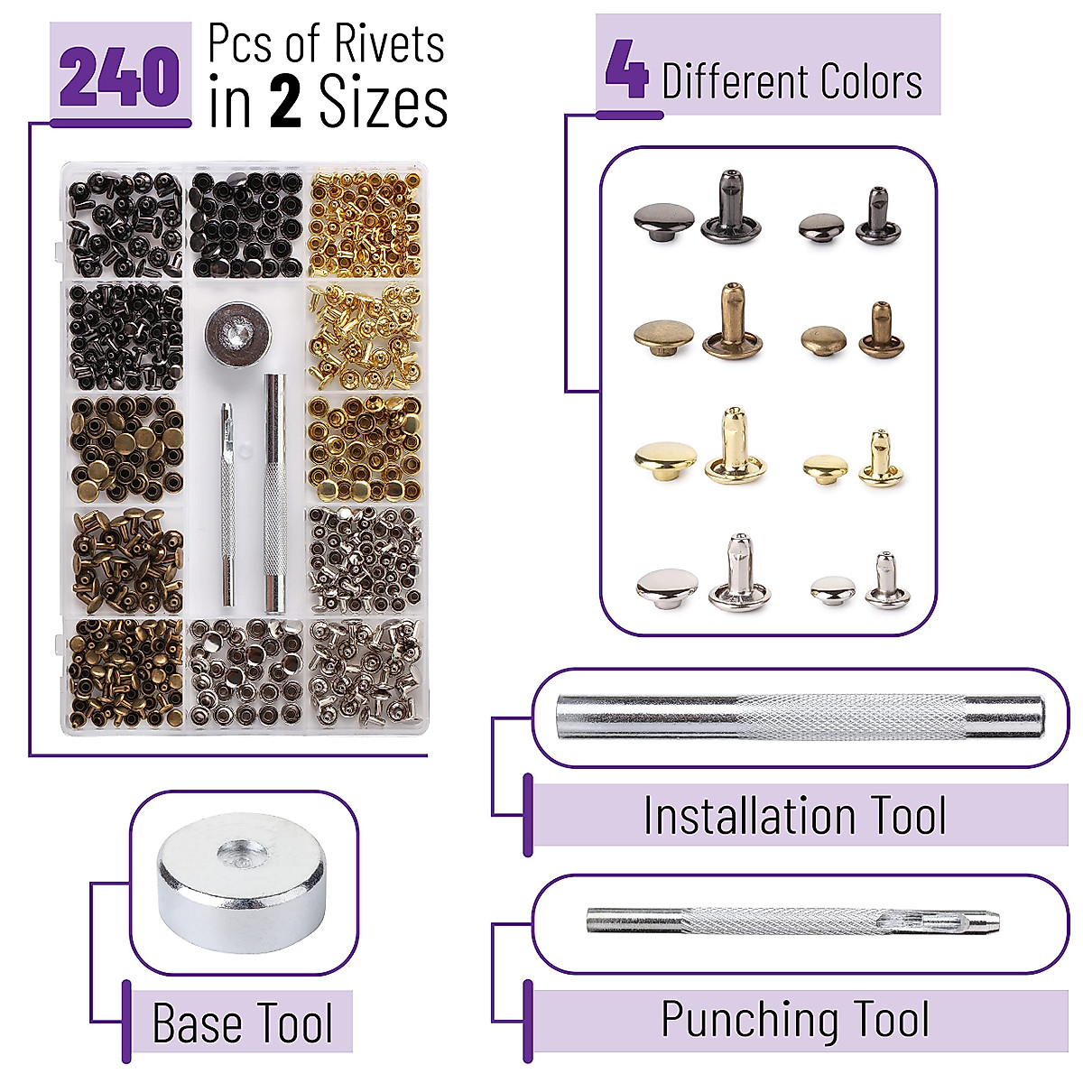 UNCO Leather Rivets Kit - 240 Durable Metal Studs for Crafting