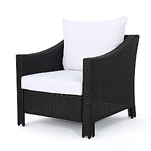 Christopher Knight Home Antibes Outdoor Wicker Club Chairs with Water Resistant Cushions, 2-Pcs Set, Black / White Cushion