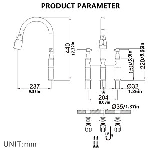 Kitchen Faucet with Pull Down Sprayer, Kitchen Sink Faucet 360° Swivel, 2 Handle Kitchen Faucet 3 Holes, Stainless Steel Kitchen Faucet Gold