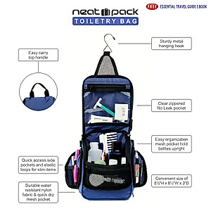 NeatPack Compact Hanging Toiletry Bag and Organizer, Water Resistant with Mesh Pockets (Marine)