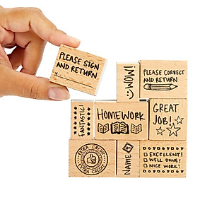 9 Piece Set of Wooden Rubber Teacher Stamps - Classroom Supplies for Grading Homework (Assorted Sizes)