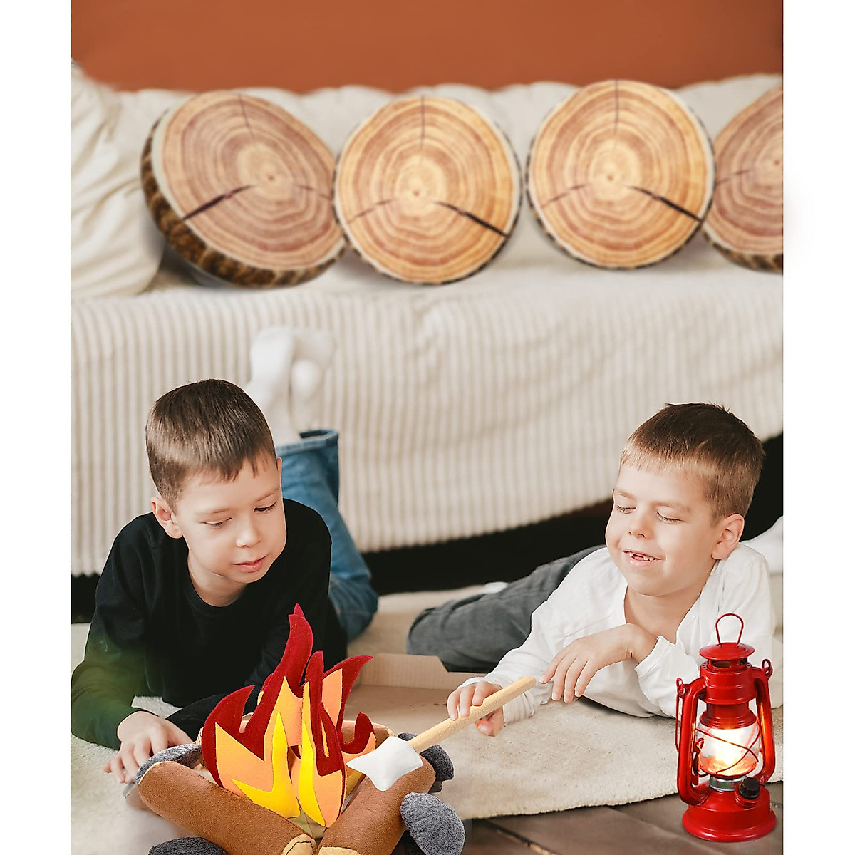 26 Pcs Pretend Camping Play Set Fake Campfire Felt Toys Wood Patten Throw Pillow Cushion Red LED Hurricane Lantern for Adults Kids Learning Preschool Boys Girls Gifts
