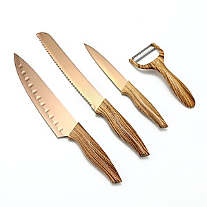 MAOMIDA Knife Set - Luxury rose Gold kitchen Knife set, titanium coated 4 piece stainless steel hollow handle golden kitchen knife set wood grain knife
