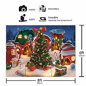 Funnytree 8x6FT Cartoon Christmas Village Photography Backdrop Winter Cabin Snow Pine Tree Background Xmas Fairy Tale Animated Kid Ice Party Photo Booth Banner Supplies Durable Soft Fabric