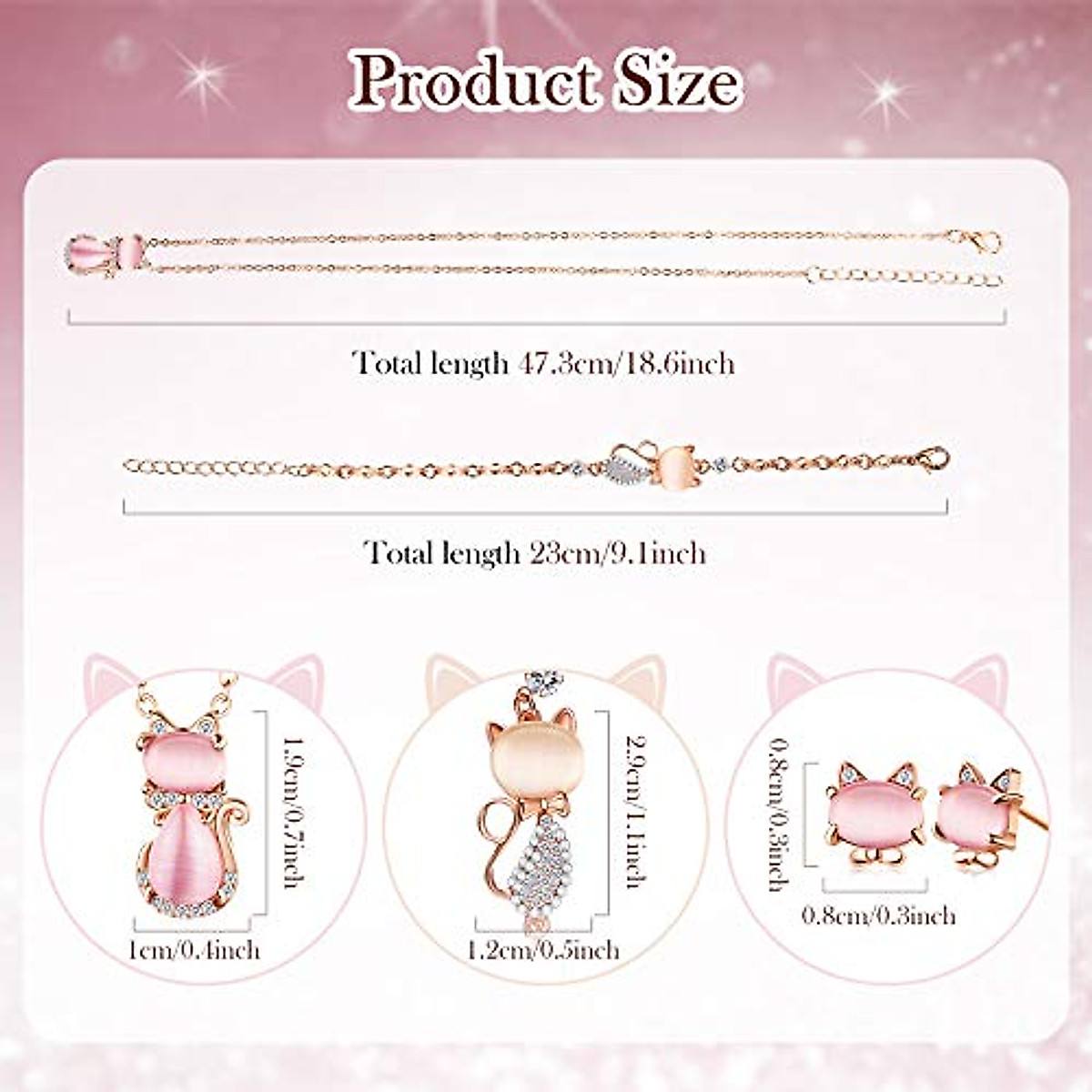 Hicarer 3 Pieces Cat Jewelry Set Cat Necklace Cat Bracelet Earring Pink Opal Pendant for Women Christmas Gift