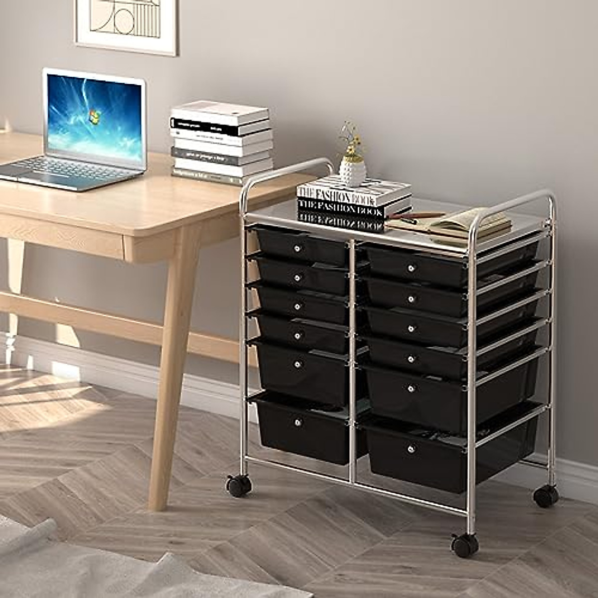 12-Drawer Rolling Storage Craft Cart and Organizer - Rolling Organizer Cart Tools and 4 Universal Casters (Black)