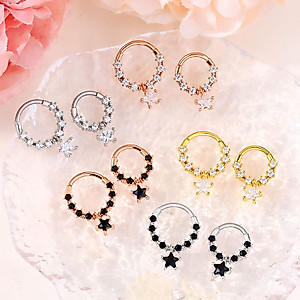 Melighting Dangle Septum Rings 16G Star Septum Jewelry Clear CZ Stainless Steel 316L Daith Piercing Jewelry for Women Helix Earring
