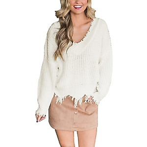 LAMISSCHE Womens Loose Knitted Off The Shoulder Sweater Solid V Neck Long Sleeve Pullover Ripped Crop Top(White,S)