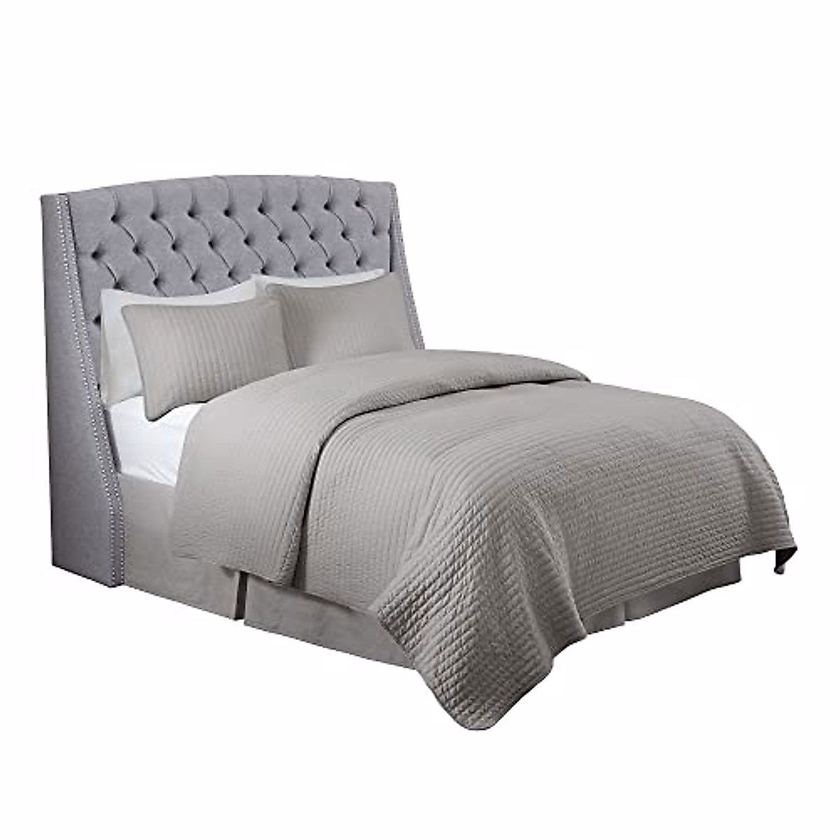 Madison Park Harper Upholstered Nail Head Trim Wingback Button Tufted Headboard Modern Contemporary Metal Legs Padded Bedroom Décor Accent, King Grey