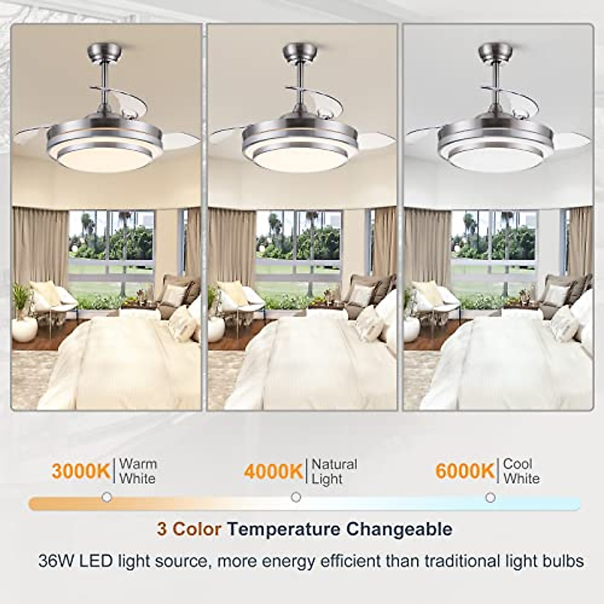 POCHFAN Retractable Ceiling Fan with Lights Remote Control, 42 Inch Modern Ceiling Fan for Bedroom Living Room in 3 Color Changeable,Timer, Noiseless DC Motor, 6 Speed, Brush Nickel, LED Ceiling Fans