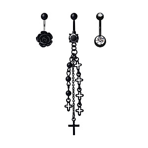 COCHARM 3Pcs Black Dangle Belly Rings 14G Halloween Long Dangling Belly Piercing Jewelry for Women