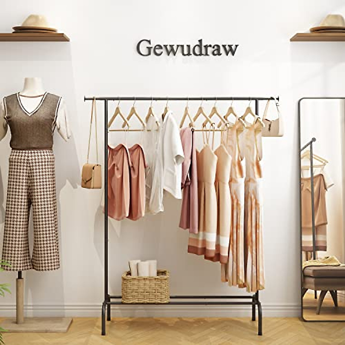 Gewudraw Clothes Rack, Metal Clothing Garment Rack, Extendable Freestanding Closet Wardrobe Rack Simple Clothing Organizer for Hanging Clothes