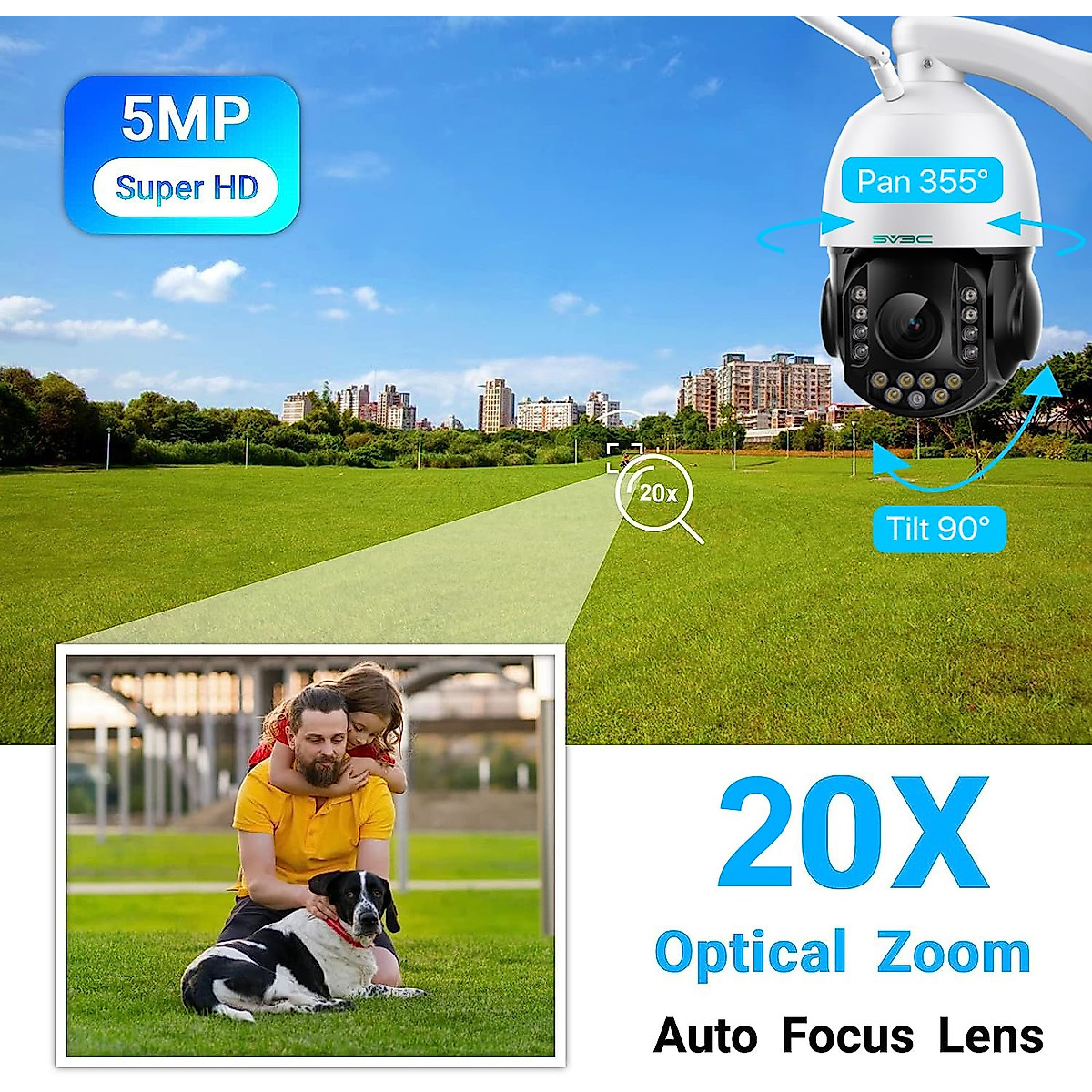 SV3C PTZ Security IP Camera Outdoor, 20X Optical Zoom 5MP Dual Band 2.4G 5GHZ WiFi Home Cameras Support Onvif, RTSP Browser Viewing, Humanoid Detect, Metal Shell Waterproof, 2-way Audio,SD Card Record