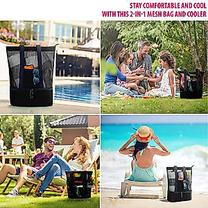 Multi-Function Picnic Thermal Preservation Bag Beach Bag Double-Layer Thermal Insulation Mesh Zipper Beach Picnic Bag (Black, 20inch x 16inch x 6inch )