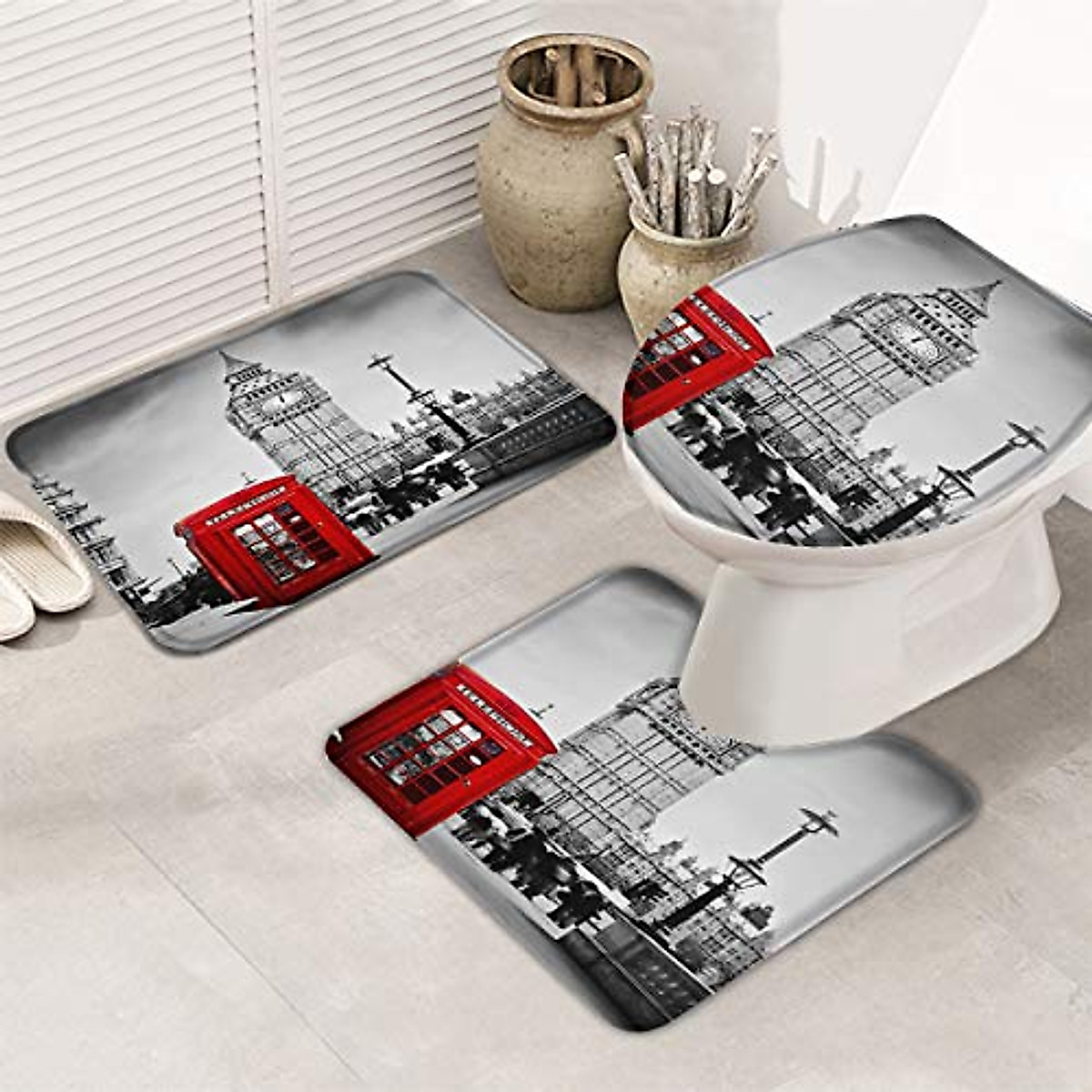 Women Trend 3 Piece Bath Rugs Set Non-Slip Bathroom Mats Absorbent Contour Soft Mat Toilet Lid Cover Bathroom Decor Set- Big Ben and Red Phone Booth in London 18"x30"+14"x18"+15"x18"