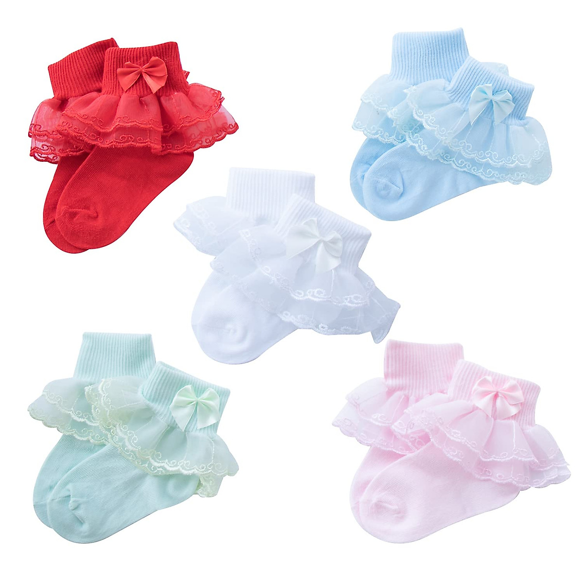 Twtility Toddler Baby Girls Ruffle Lace Socks Princess Dress Double Lace Cotton White Frily Socks