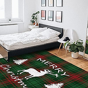 Area Rug Absorbent Non-Slip Rectangle Rug Merry Christmas Elk and Christmas Tree Red and Green Plaid Rugs for Living Room Bedroom Kitchen Entryway, Soft Floor Mat Indoor Carpet Accent Rugs 2x3 Feet