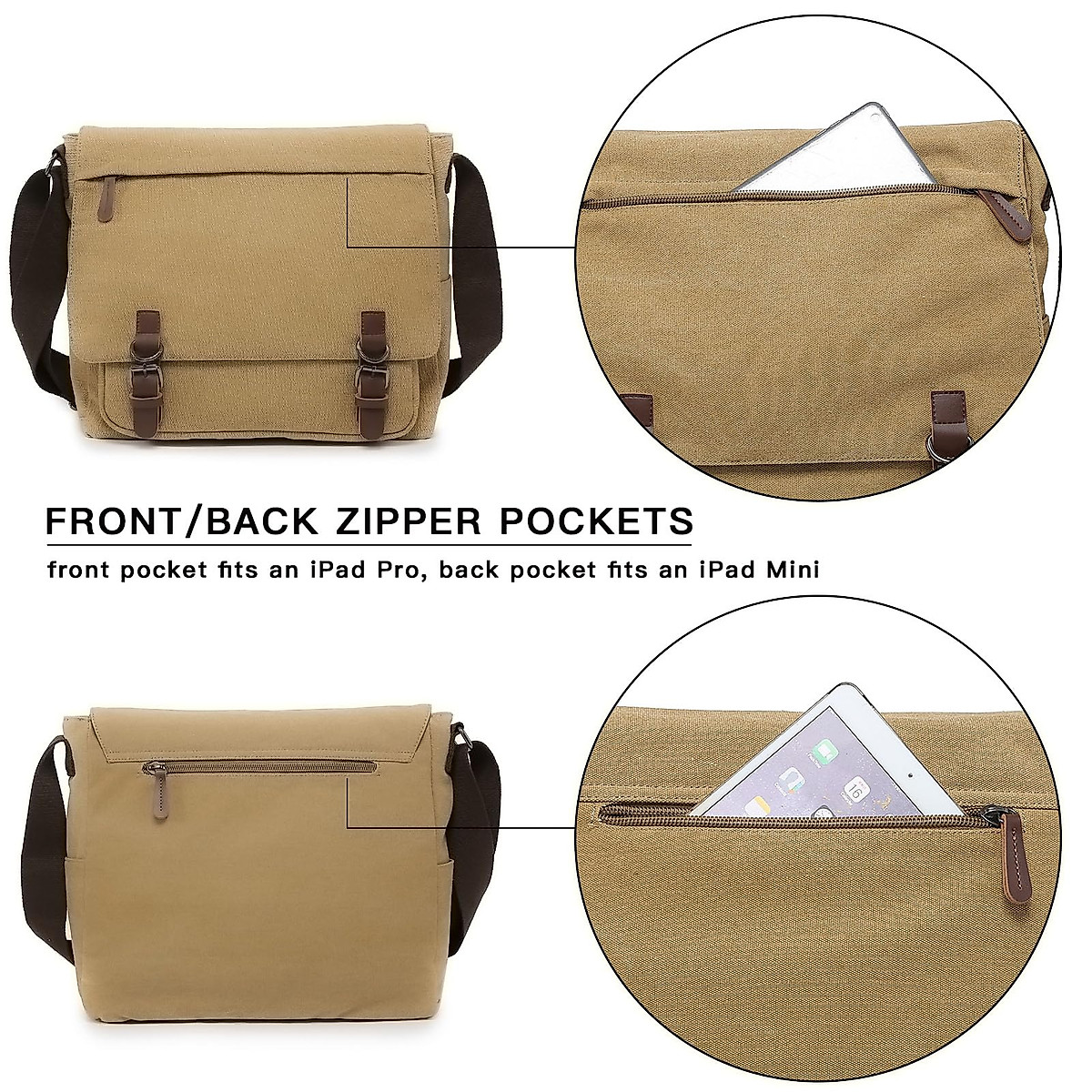 Dasein Large Vintage Canvas Messenger Shoulder Bag, Beige, 15in Laptop
