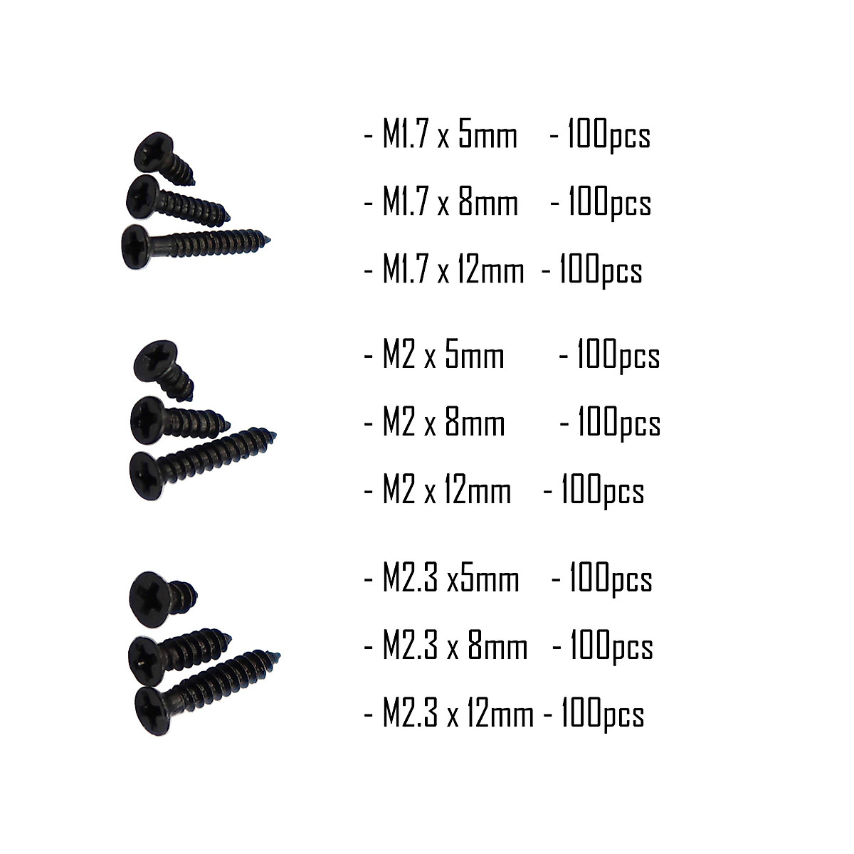 LBY 900pcs M1.7 M2 M2.3 x 5mm / 8mm/ 12mm Flat Head Self-Tapping Sheetmetal Screw Assortment Kit Mini Wood Screws 9 Sizes Combination Carbon Steel Black