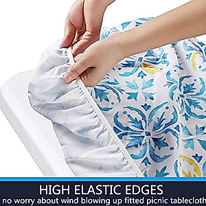 Famibay Fitted Picnic Table Cover and Bench Covers Boho Picnic Table Covers with Elastic Edges Camping Tablecloth Washable Reusable for Outdoors, Camping, BBQ(Blue, 12" x72"+30" x72")