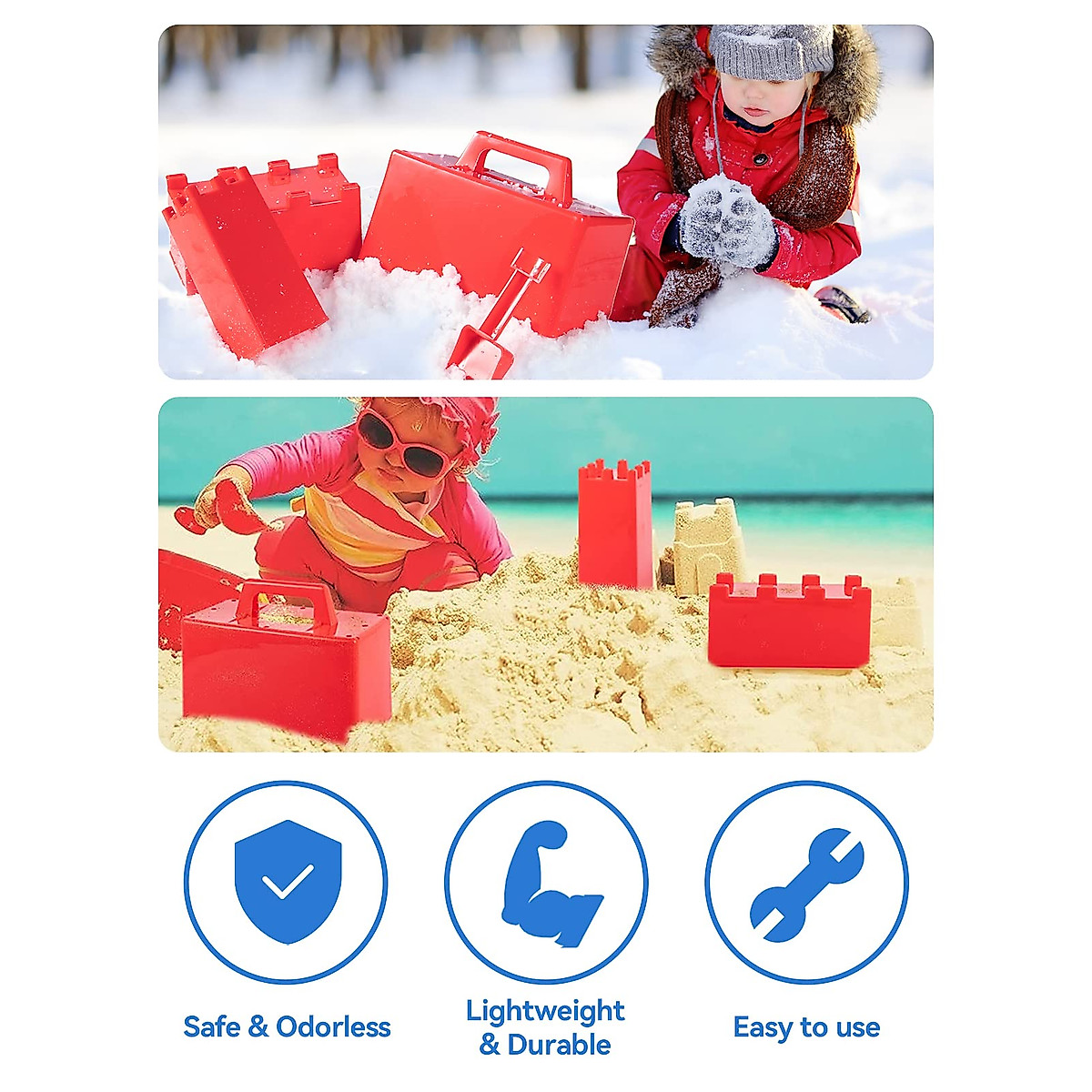 4 Pack Sand Block Molds- Sand & Snow Fort Building Block Sand Castle Mold Beach Toy Brick with Shovel Snow Castle Toy Molds for Kids Outdoor Summer Beach Toy & Winter Snow Activity Toys Kit (Red)