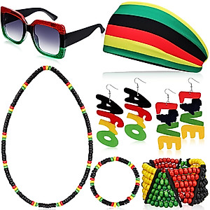 7 Pieces Jamaica Women's Jewelry Set Rasta Headband Oversized Square Sunglasses 2 Wood Dangle Earrings Jamaica Necklace Jamaica Bracelet Rasta Beaded Bracelet for Black Women