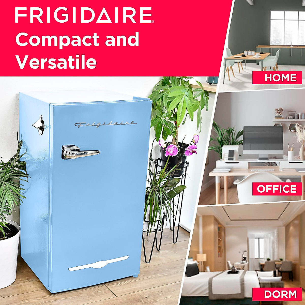 Frigidaire Retro Compact Fridge with Chiller, 3.2 cu ft Countertop Fridge with Built-In Bottle Opener, Compact Refrigerator for Office, Bedroom, Dorm Room or Cabin - 16.5" D x 19" W x 31" H (Blue)