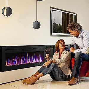 BETELNUT Electric Fireplace 50IN Wall Mounted and Recessed with Remote Control, 750/1500W Ultra-Thin Wall Fireplace Heater W/Timer Adjustable Flame Color and Brightness, Log Set & Crystal Options