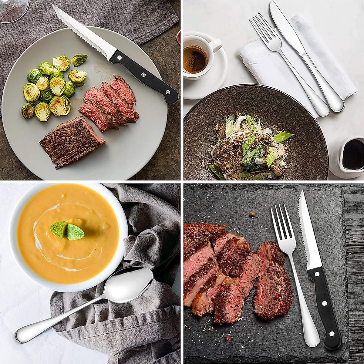 Wildone 24-Piece Flatware Set with Steak Knives, Stainless Steel Silverware Cutlery Set Service for 4, Tableware Eating Utensils Include Knives/Forks/Spoons, Mirror Polished, Dishwasher Safe