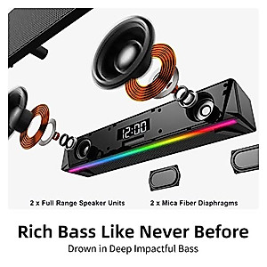 Sound Bars for TV, Cinematic TV Sound Bar with Impactful Bass, Bluetooth Soundbar for TV with RGB Lights and Clock, Wall Mountable TV Speakers Sound Bar Work with Traditional or Smart TV, Computer